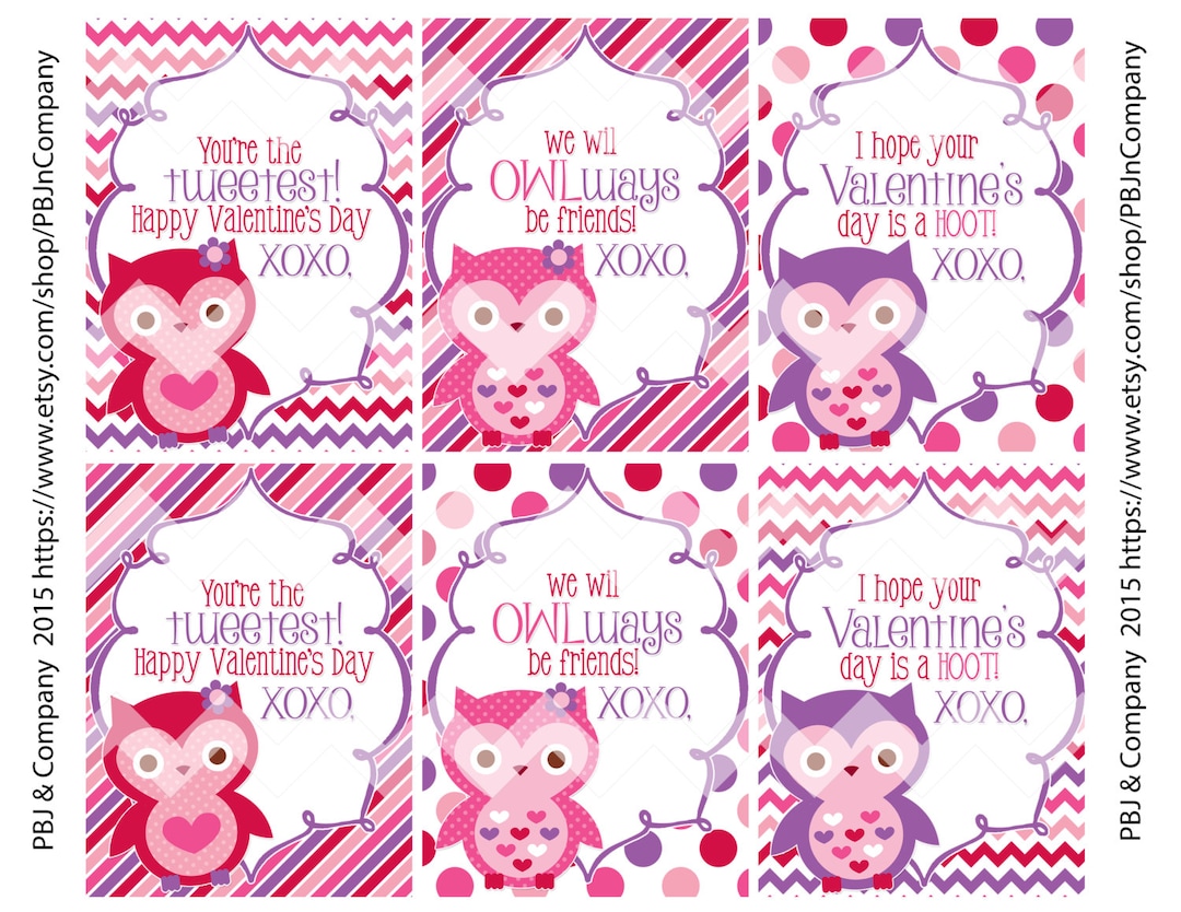 Owl Printable Valentine's Day Cards Digital File - Etsy