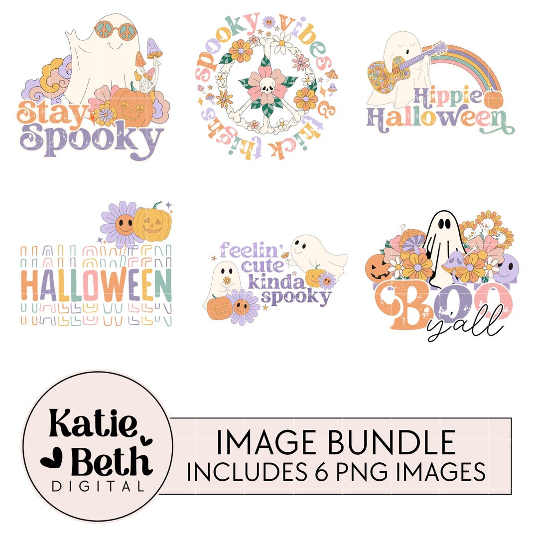 Retro Hippie Halloween PNG Bundle: Ghosts, Pumpkins, Flowers (digital ...