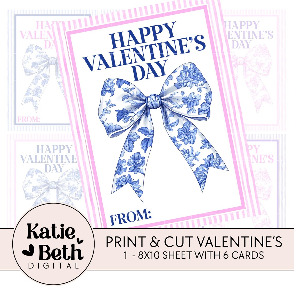 Toile Valentine Cards Printable: Preppy Pink & Blue Kids Valentines ...