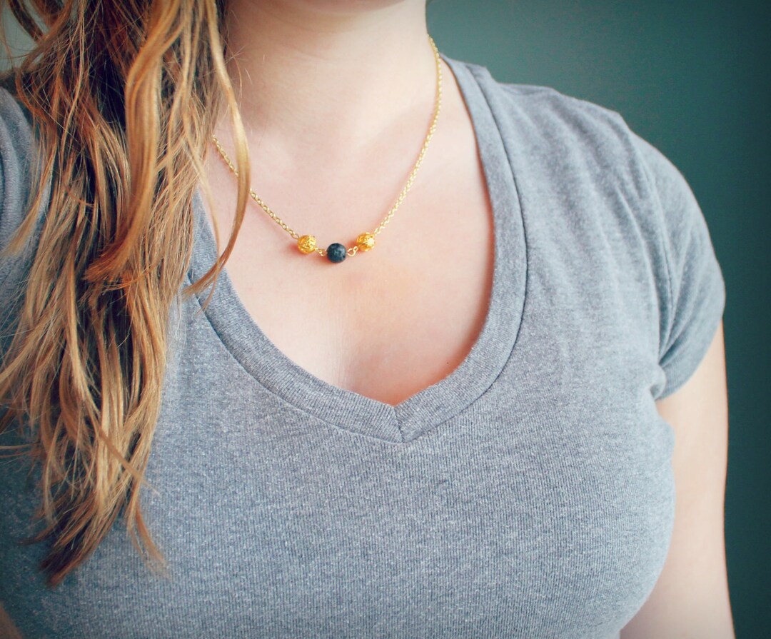 Diffuser Necklace With Lava Stone and Delicate Gold Beads, Essential ...