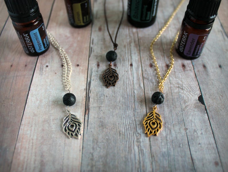 Diffuser Necklace With Lava Stone and Peacock Feather Charm, Essential ...