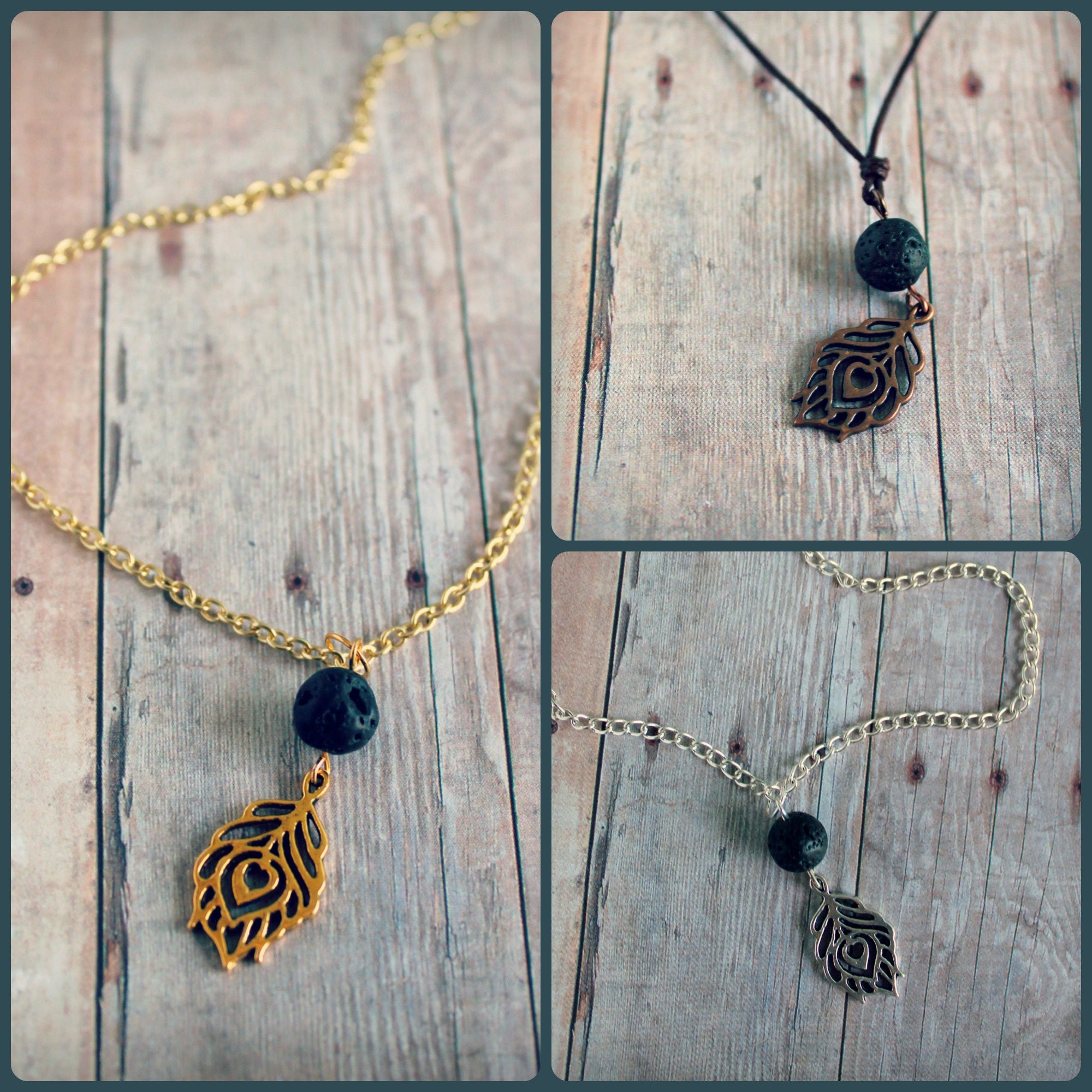 Diffuser Necklace With Lava Stone and Peacock Feather Charm, Essential ...