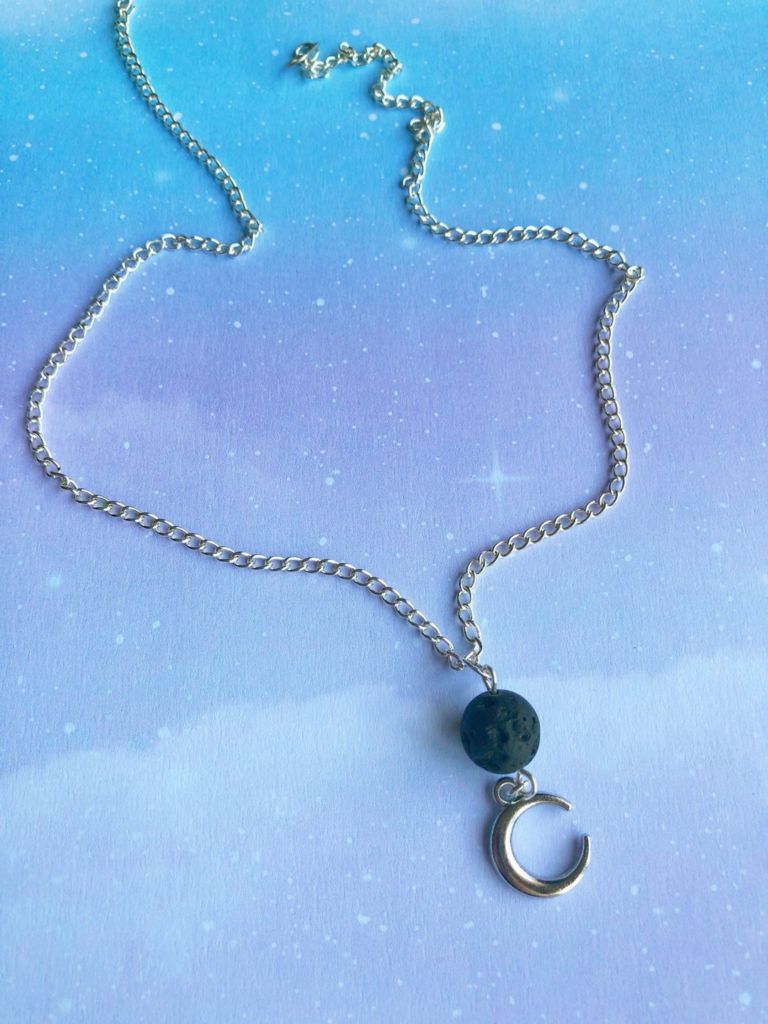 Diffuser Necklace With Lava Stone and Moon Charm, Essential Oils Aroma ...
