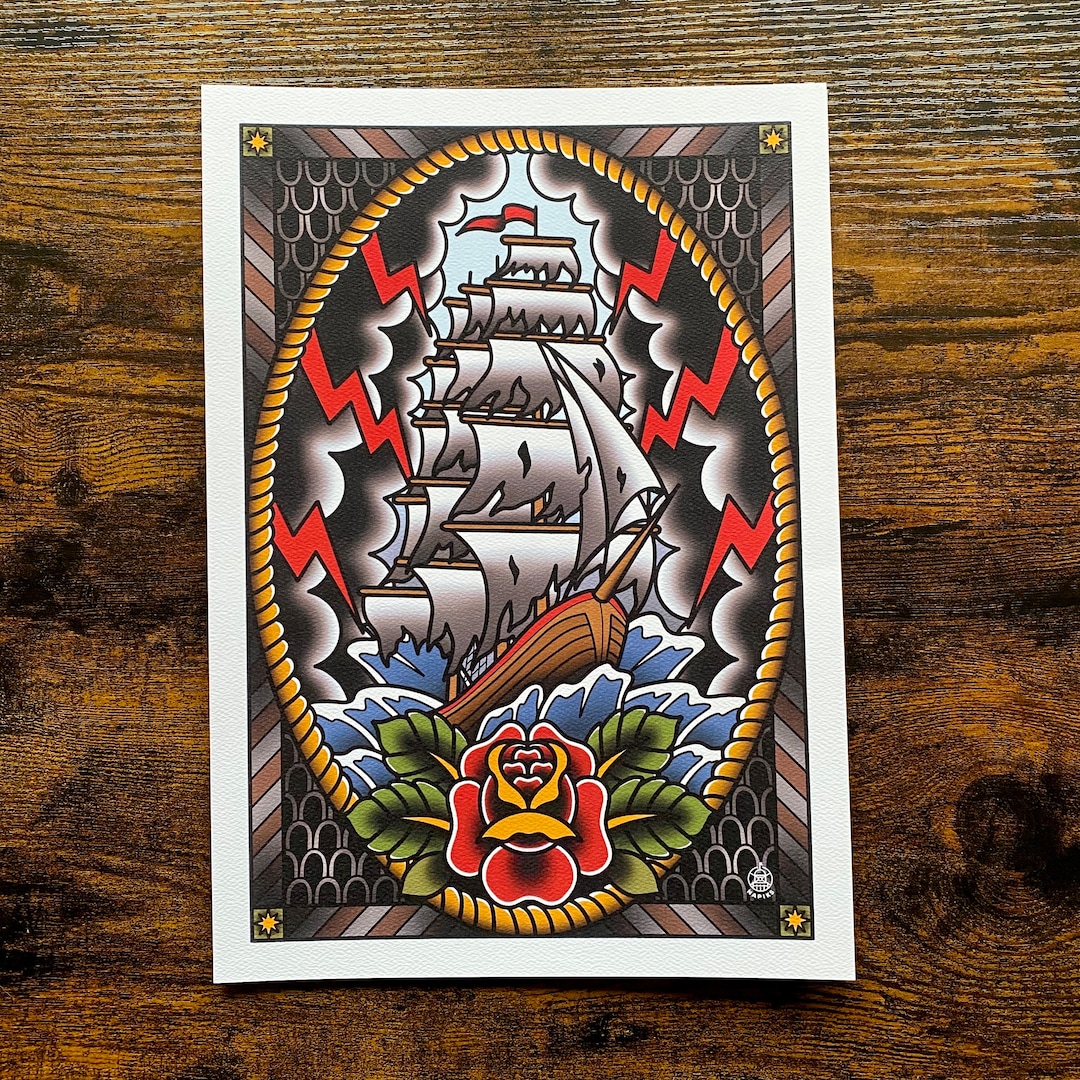 Traditional Clipper Ship Tattoo A4 Print - Etsy