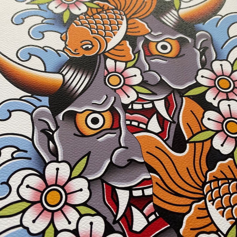 Traditional Hannya Mask & Koi Fish Tattoo A4 Print - Etsy Australia