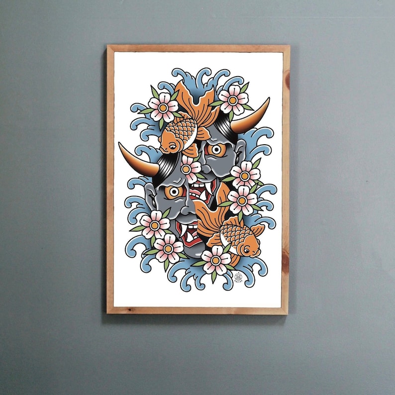 Traditional Hannya Mask & Koi Fish Tattoo A4 Print - Etsy Australia