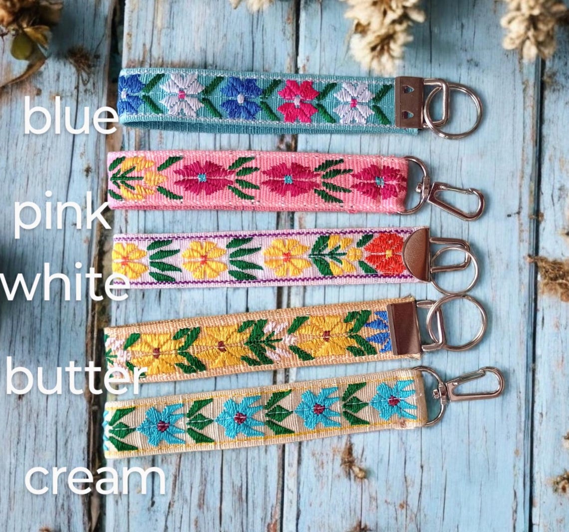 Floral Embroidered Wristlet Keychain: Handmade Fabric Key Fob - Etsy