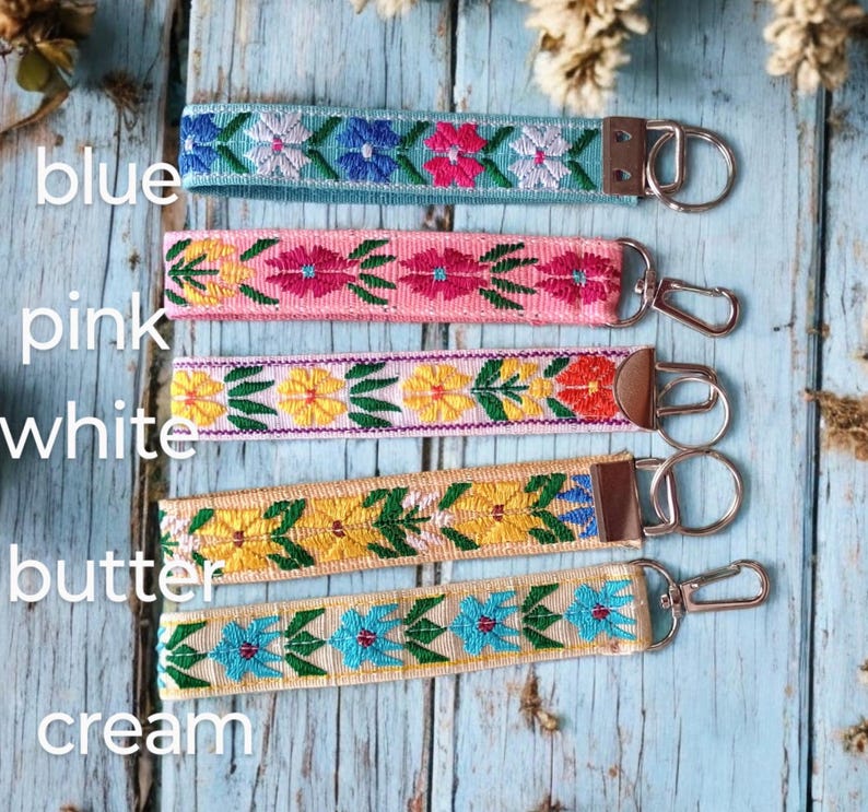Floral Embroidered Wristlet Keychain: Handmade Fabric Key Fob - Etsy