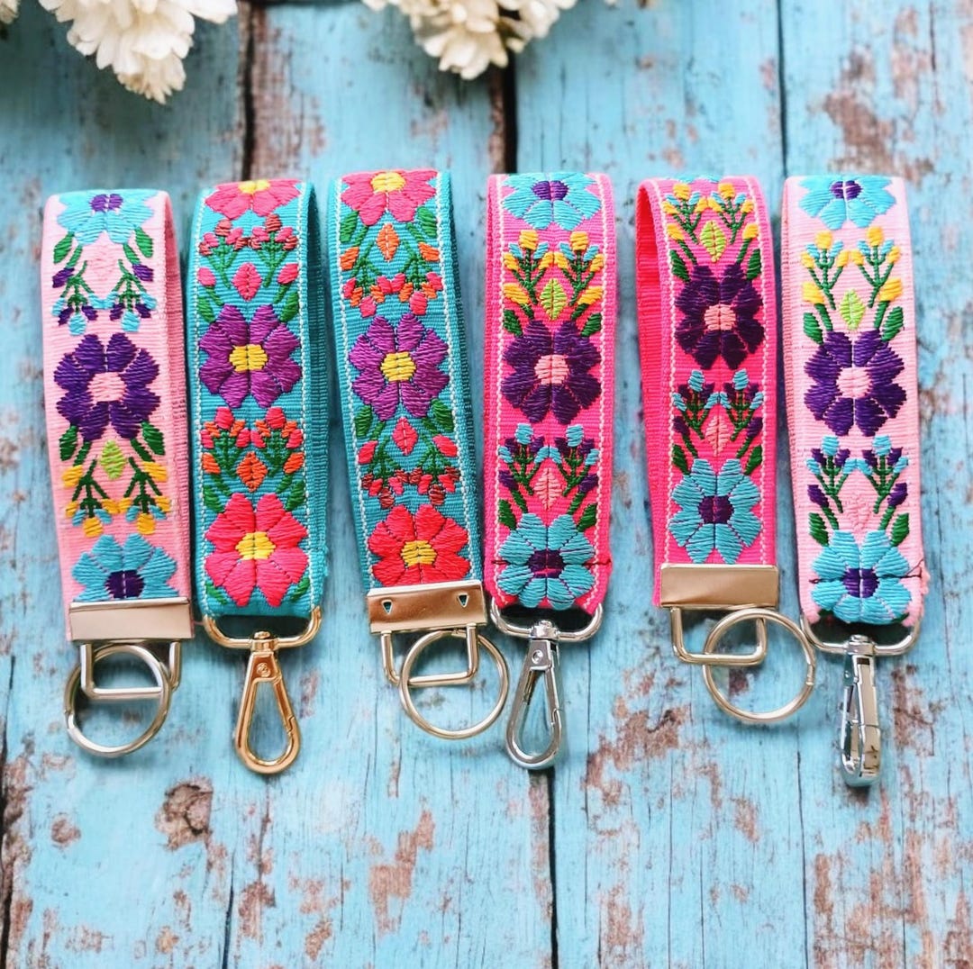 Colorful Embroidered Fabric Keychain, Mexican Key Lanyard, Cute Boho ...