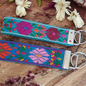 Boho Car Keychain, Embroidered Wristlet Floral, Fabric Lanyard Keychain ...