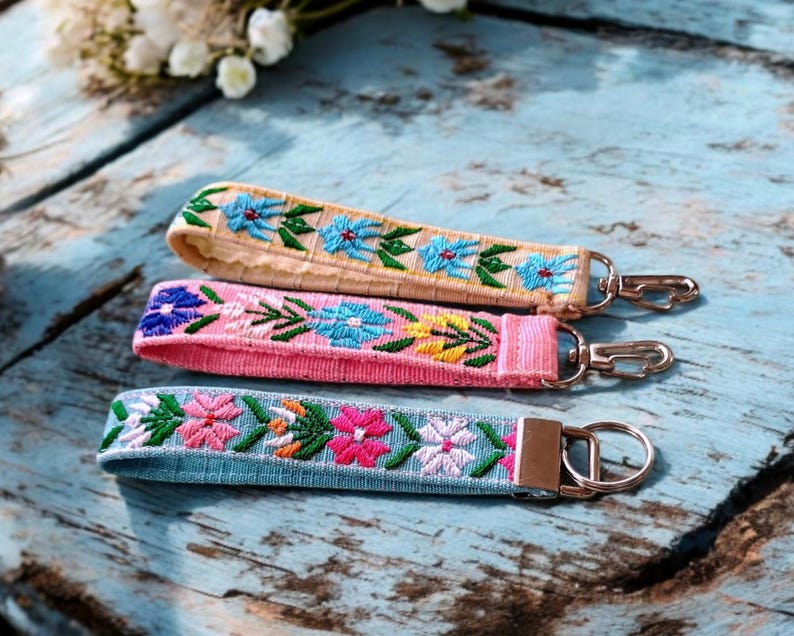 Floral Embroidered Wristlet Keychain: Handmade Fabric Key Fob - Etsy