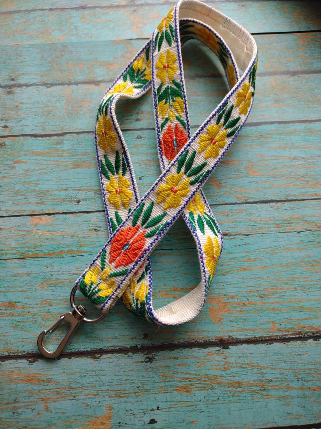 ID Badge Mexican, Floral Lanyard Handmade, Woven Key Holder, Floral ...