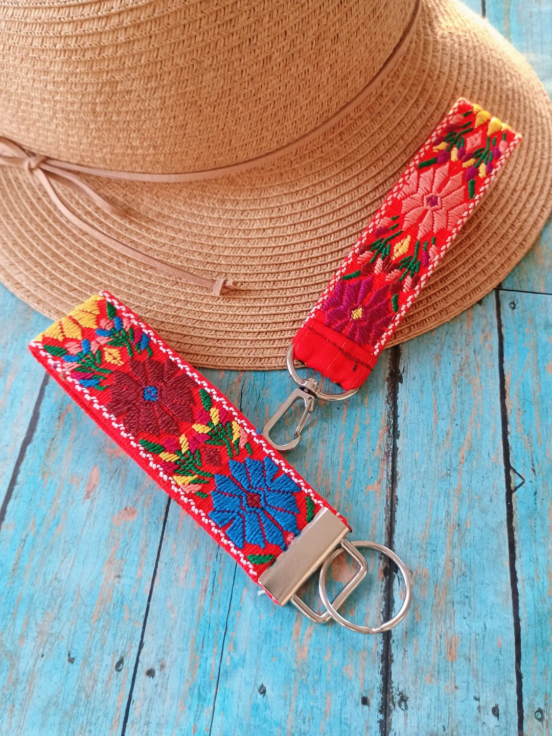 Orange Woven Fabric Key Fob, Floral Key Ring, Wristlet Keychain ...