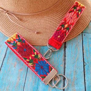 Orange Woven Fabric Key Fob, Floral Key Ring, Wristlet Keychain ...