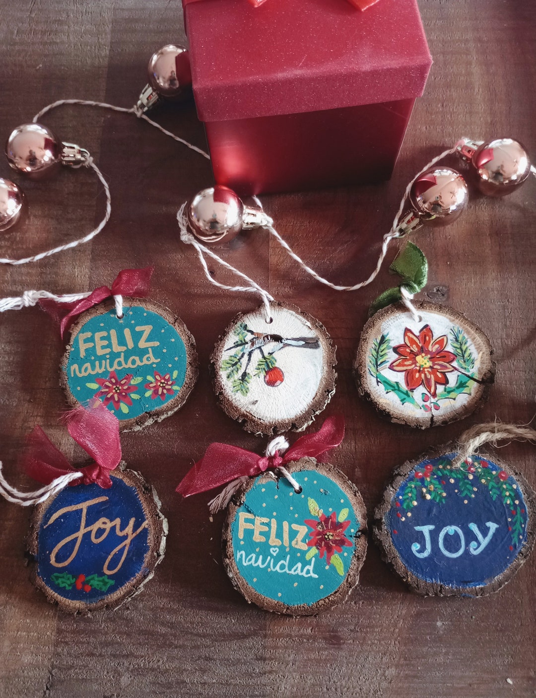 Rustic Christmas Ornament, Feliz Navidad Ornament, Handpainted Tree ...