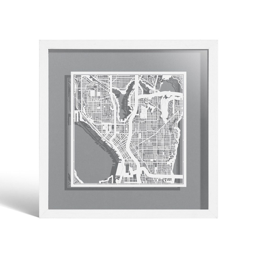Seattle Paper Cut Map Framed, White Map, White Frame, 9x9 Inches, Gift ...