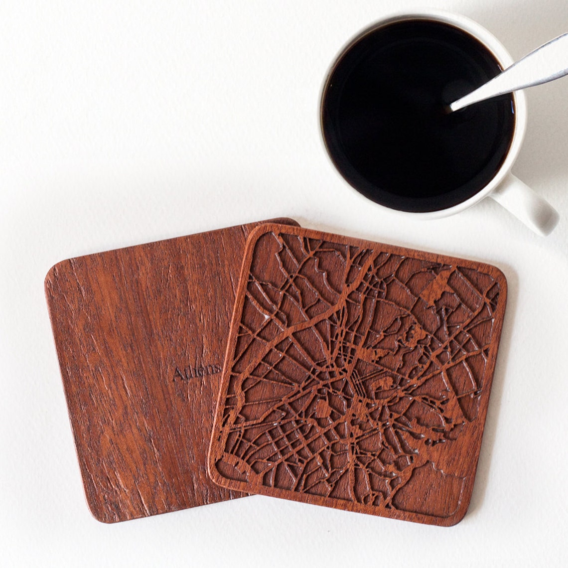 Athens map coaster One piece Sapele wooden coaster with city | Etsy