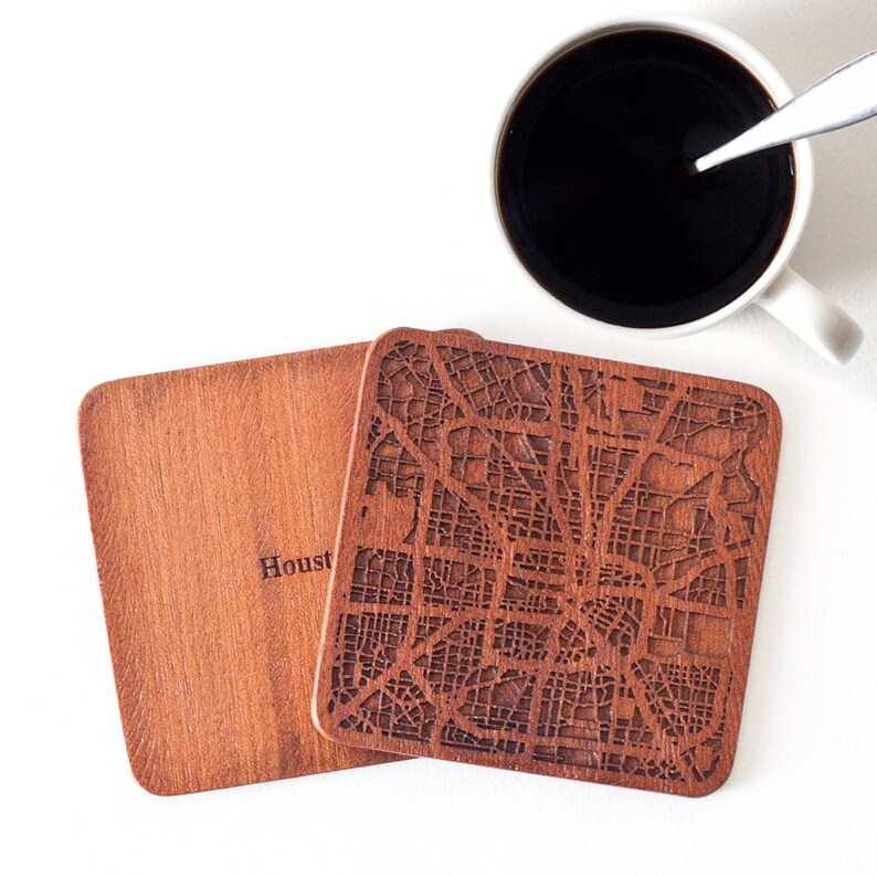 Houston Map Coaster One Piece Sapele Wooden Coaster With - Etsy