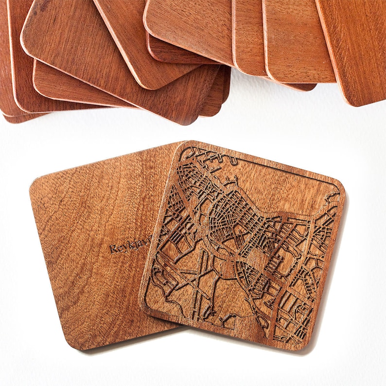Reykjavik map coaster One piece Sapele wooden coaster with | Etsy