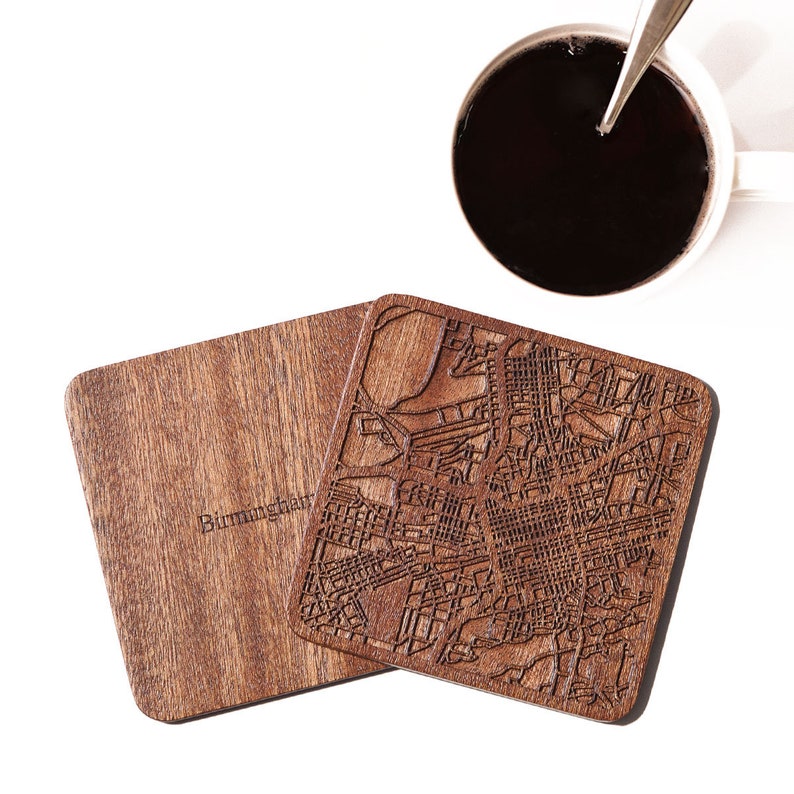 Birmingham, Al Map Coaster, One Piece, Sapele Wooden Coaster With City ...