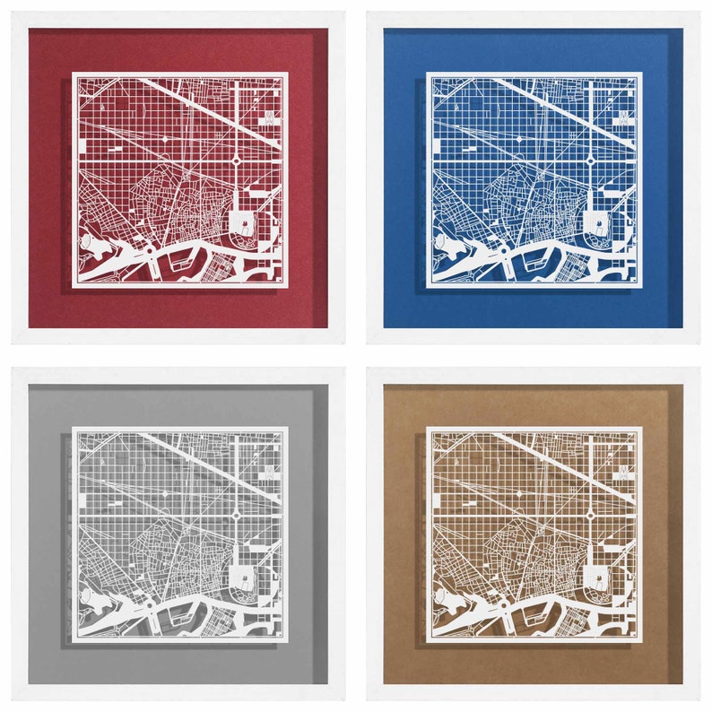 Barcelona Paper Cut Map Framed White map White Frame 9x9 | Etsy
