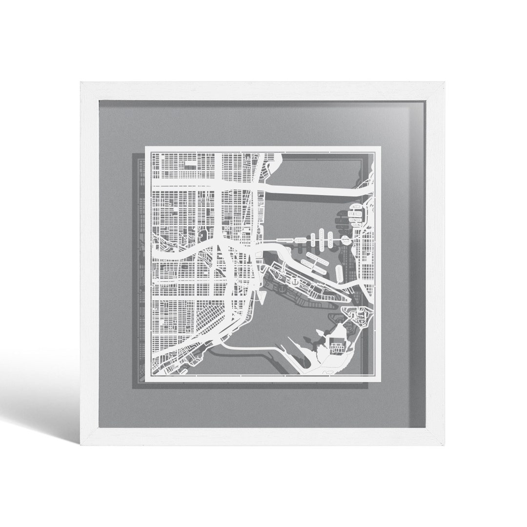 Miami Paper Cut Map Framed, White Map, White Frame, 9x9 Inches, Gift ...
