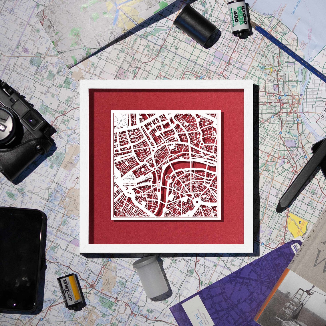 Shanghai Paper Cut Map Framed, White Map, White Frame, 9x9 Inches, Gift ...