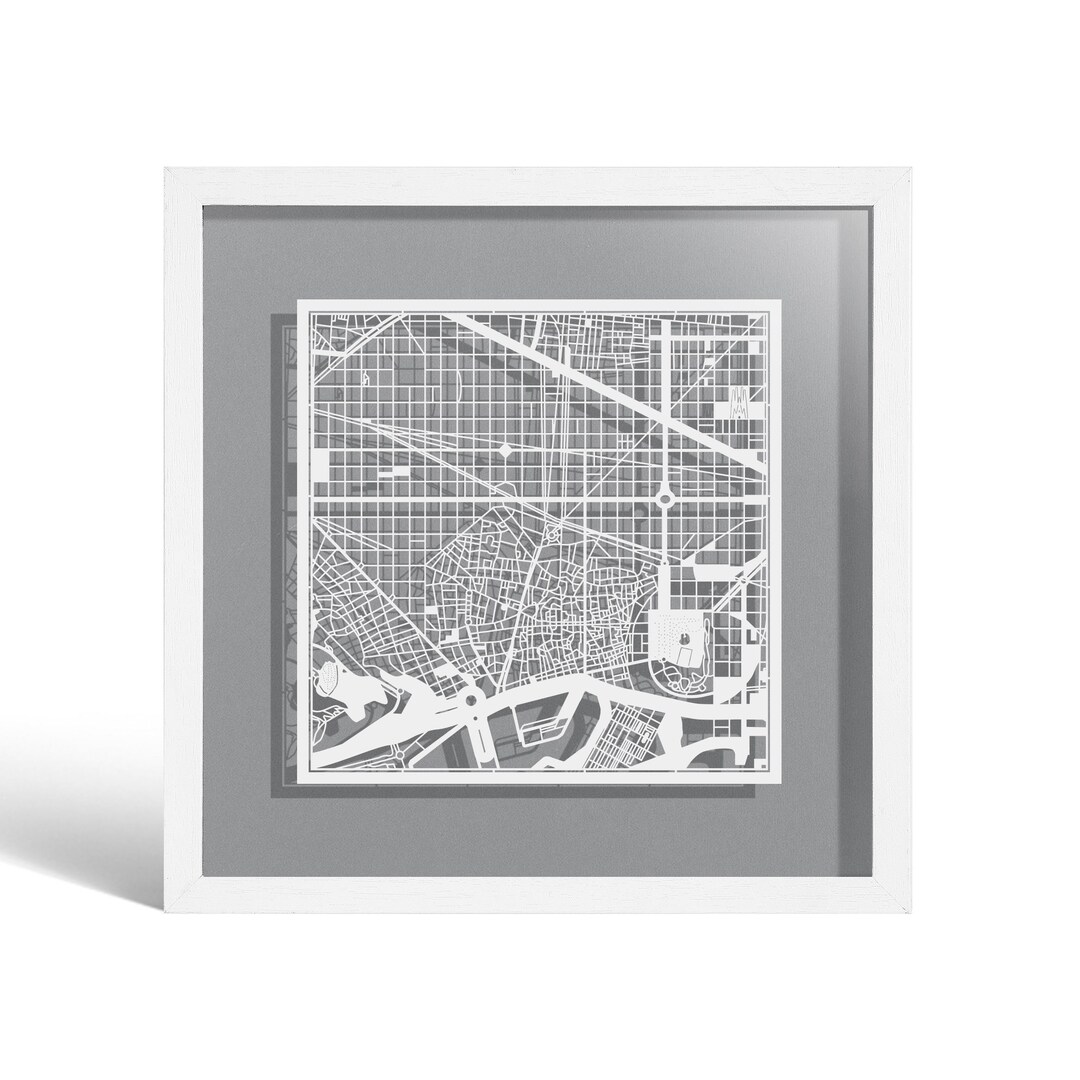 Barcelona Paper Cut Map Framed, White Map, White Frame, 9x9 Inches ...