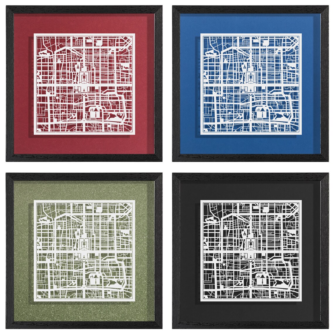 Beijing Paper Cut Map Framed, White Map, White Frame, 9x9 Inches, Gift ...