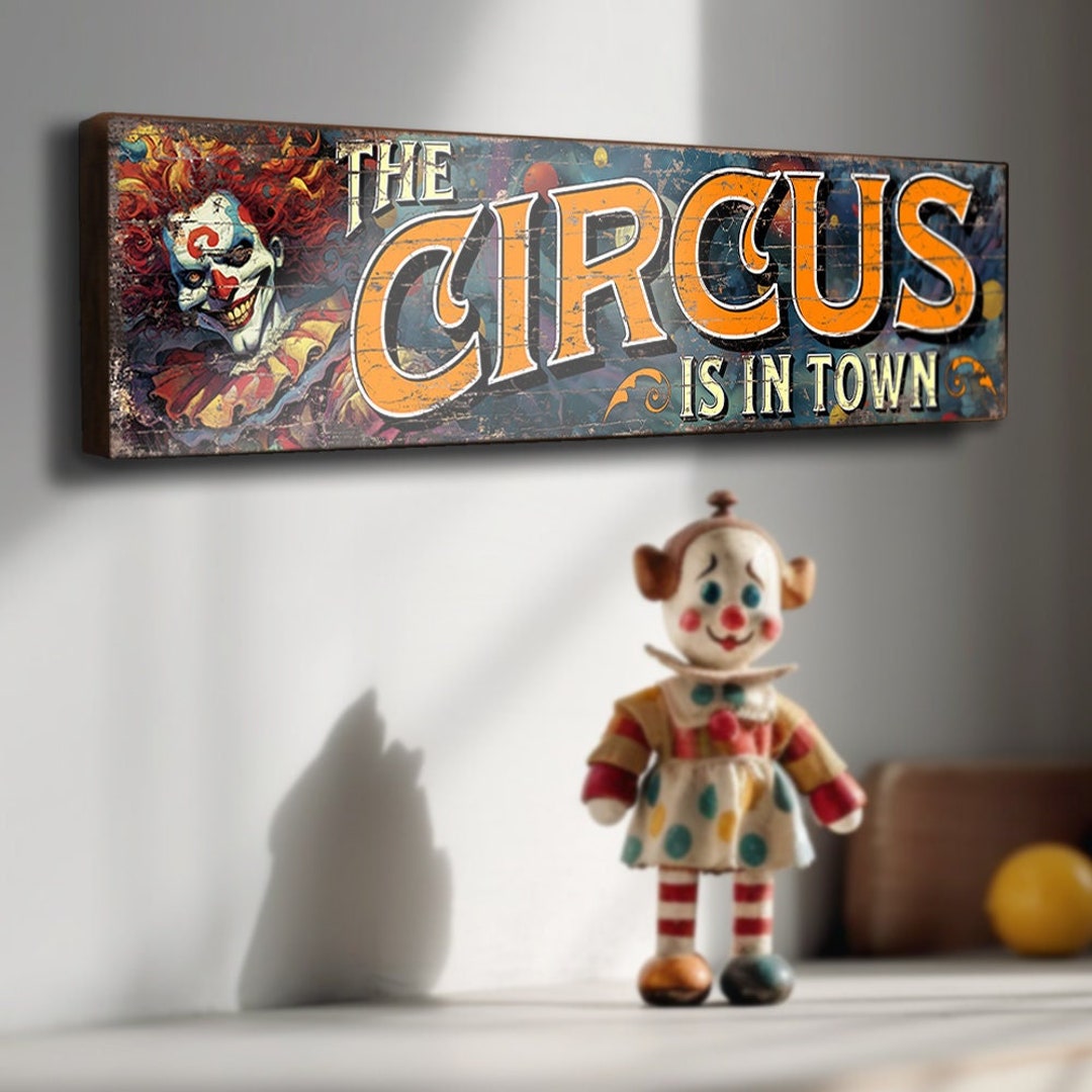 Circus in Town Sign Vintage Style Clown Sign. Wood Handmade 40cm Wall ...