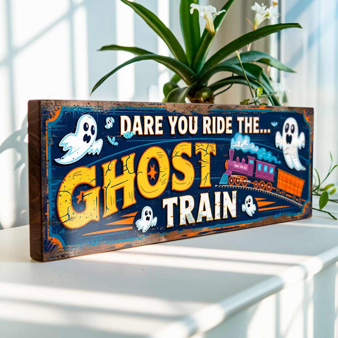 Ghost Train Sign Vintage Style Spooky Ghostly Fun Plaque Dare You Ride ...