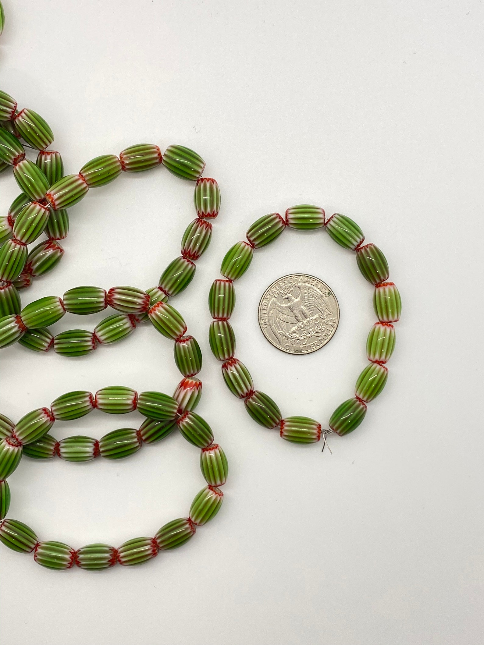 14 Small Green, Red and White Glass Chevron Beads Six Layers African ...