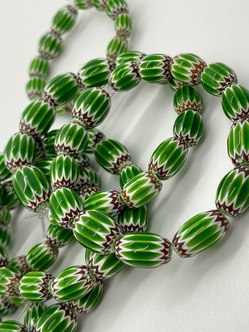 14 Small Green, Red and White Glass Chevron Beads Six Layers African ...