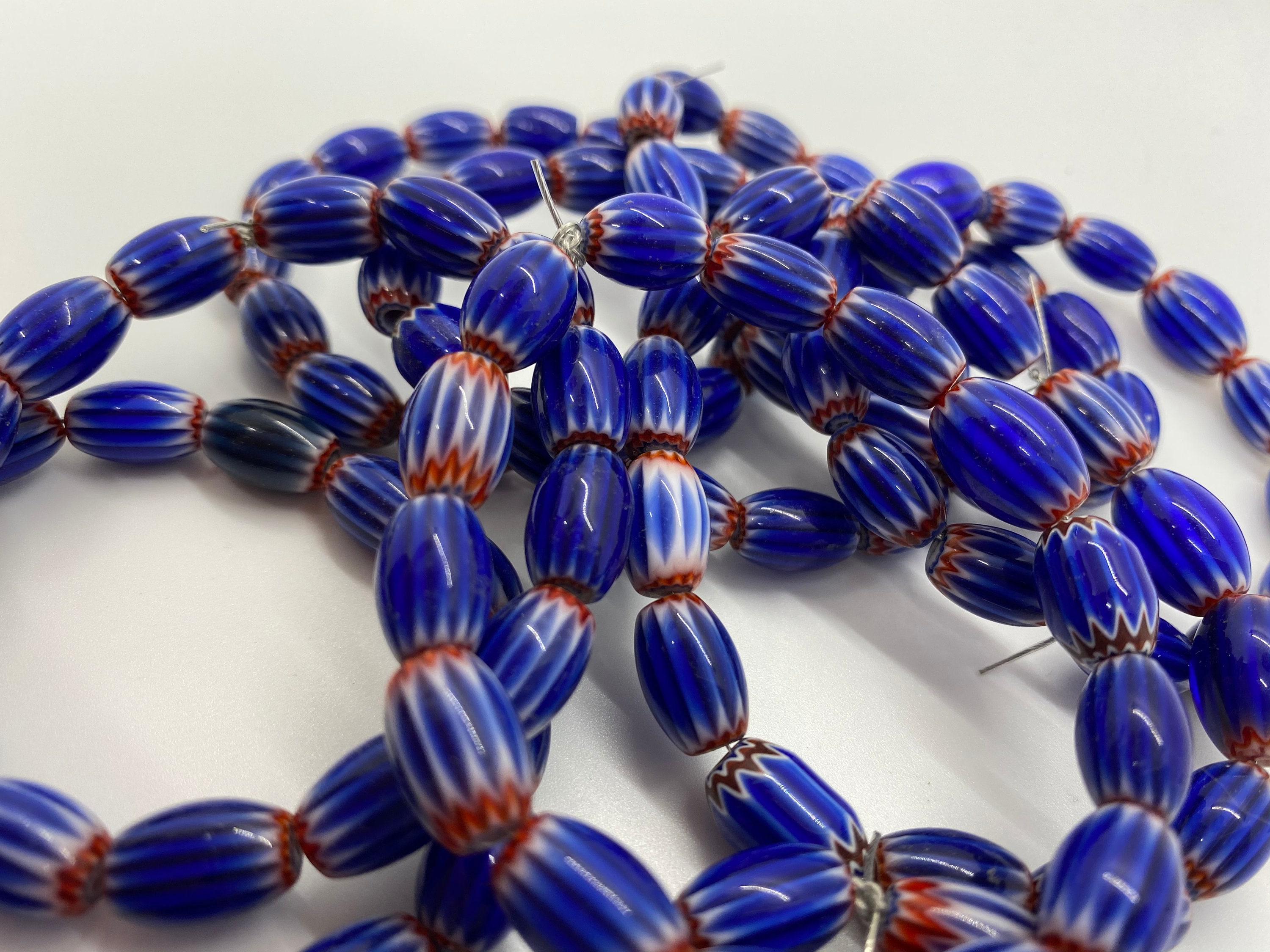 14 Small Blue, Red and White Glass Chevron Beads Six Layers African ...