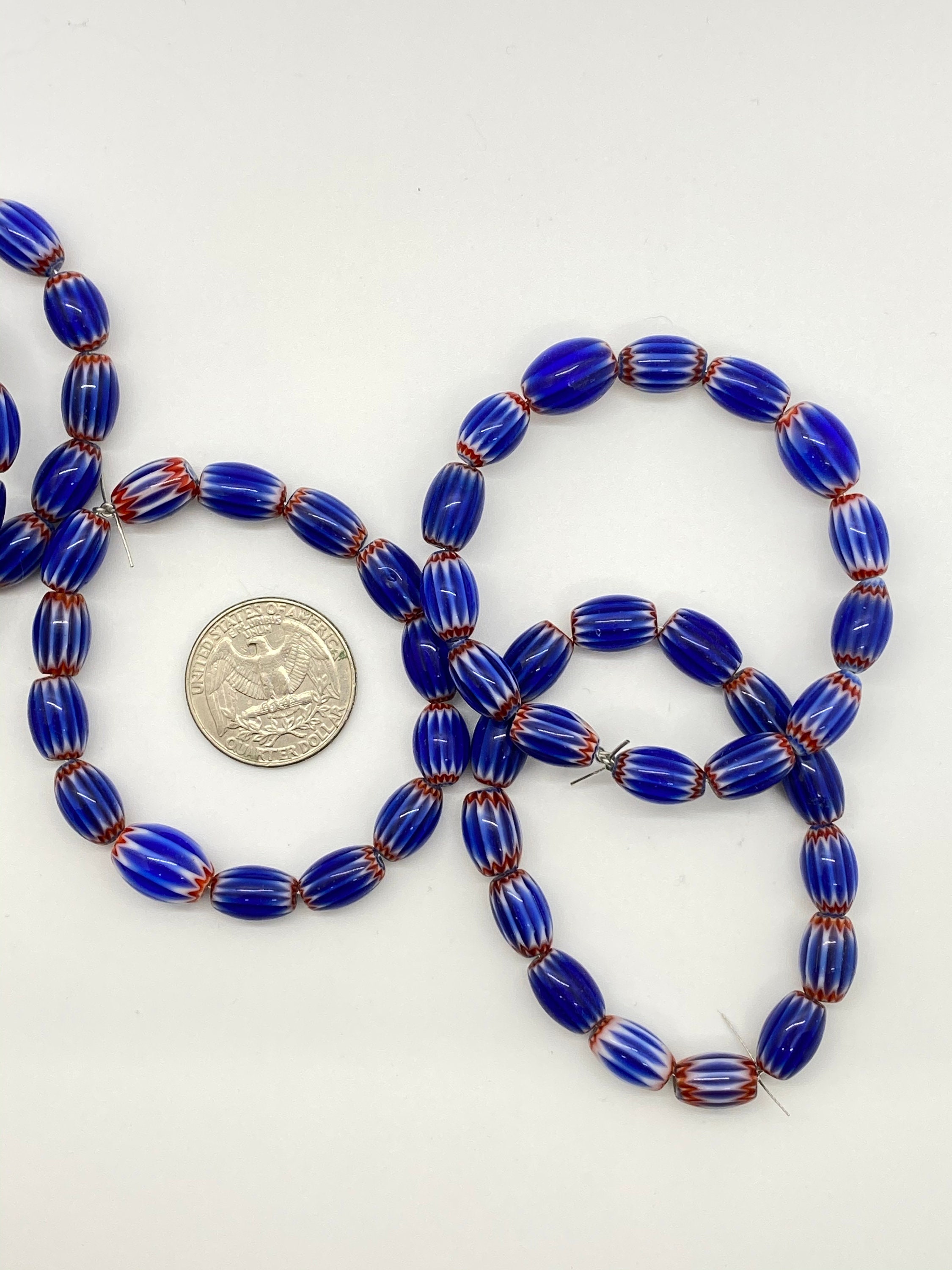 14 Small Blue, Red and White Glass Chevron Beads Six Layers African ...