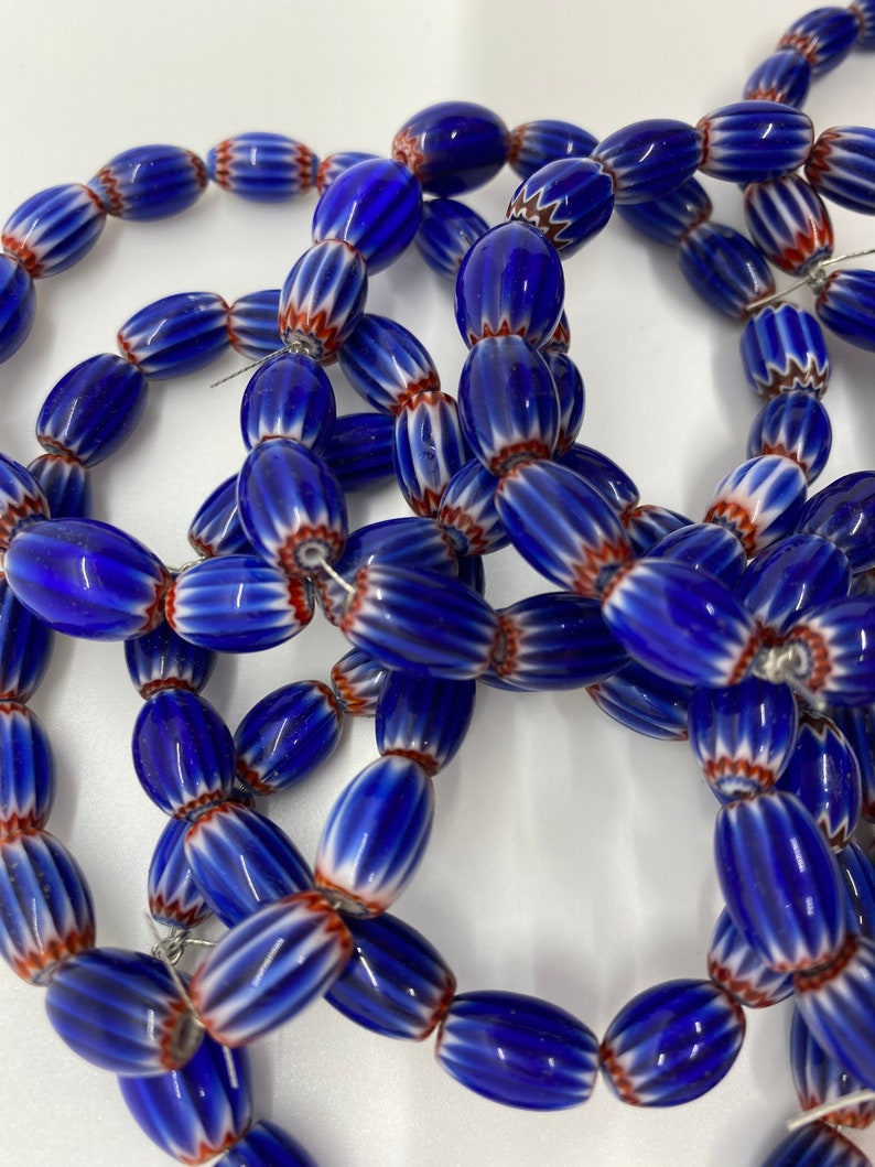 14 Small Blue, Red and White Glass Chevron Beads Six Layers African ...