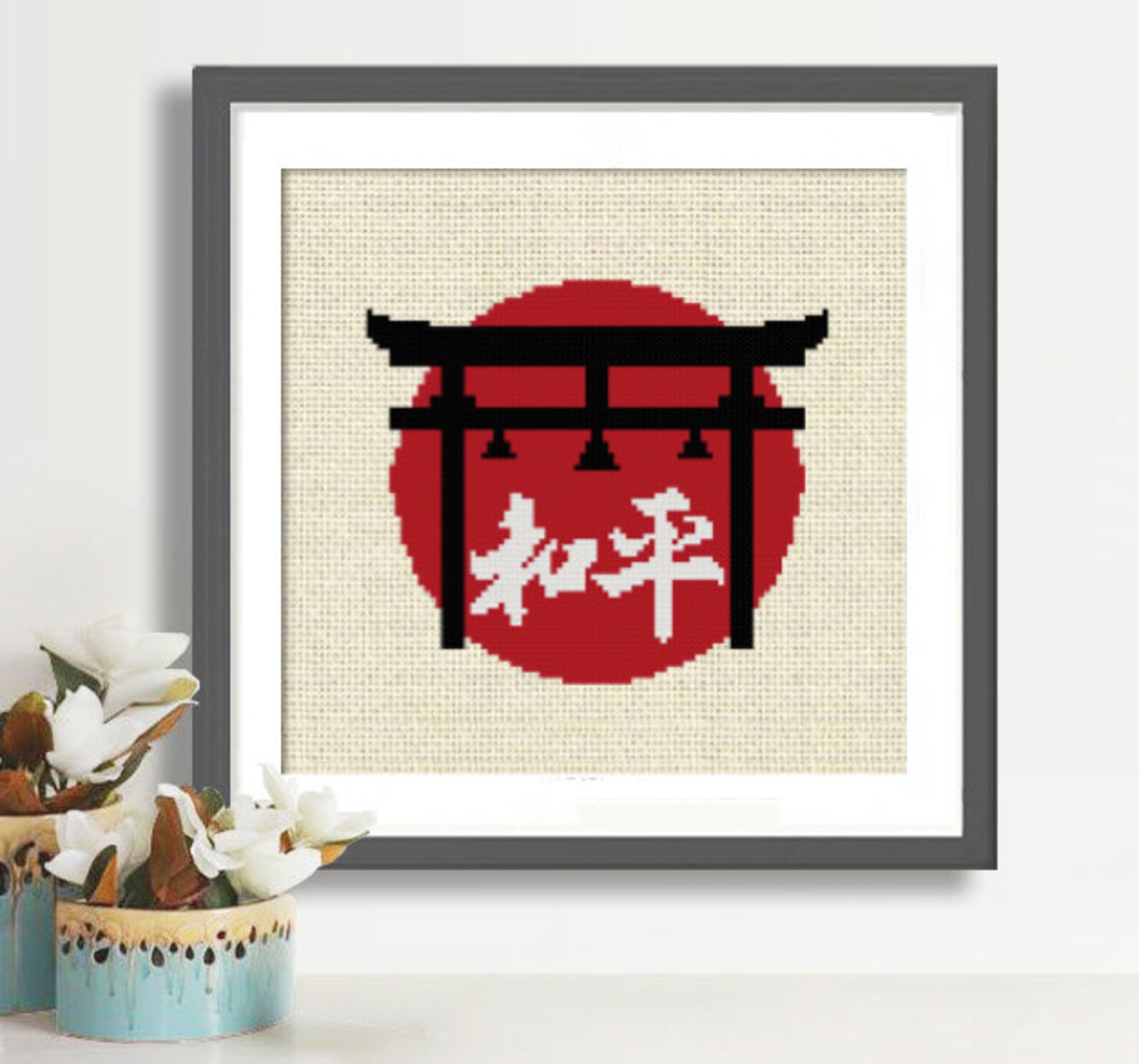 Cross Stitch Pattern Chart, Japanese Shrine With Character "peace" - Etsy