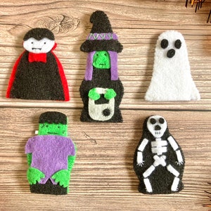 Halloween Felt Finger Puppets witch, Skeleton, Ghost, Frankenstein ...