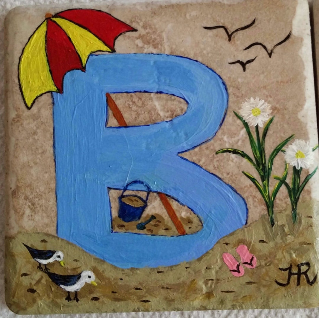 Hand Painted Beach Coaster Tiles: Initial Letters, Coastal Decor (set ...