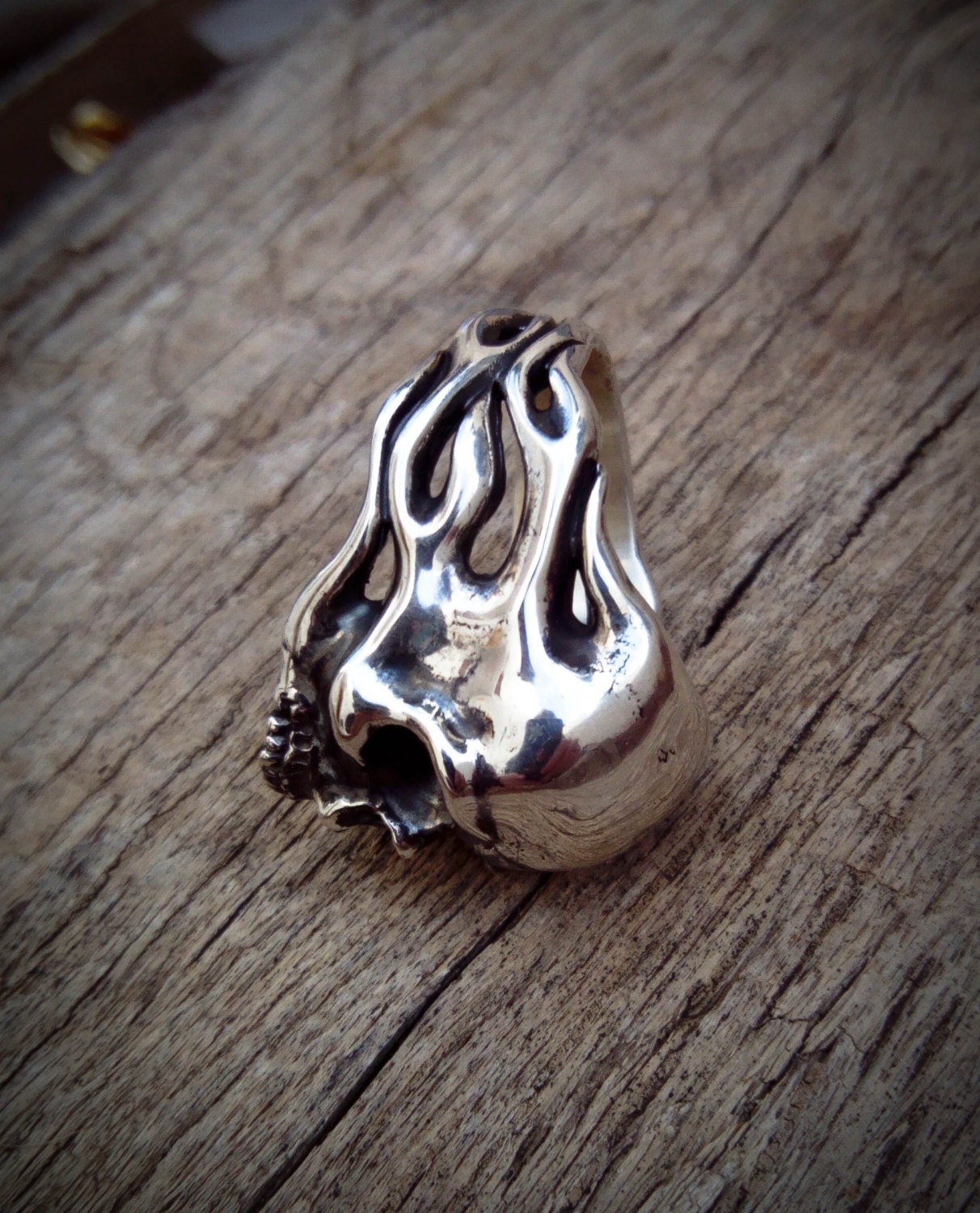 Half Jaw Skull and Flames Ring Biker Silver Ring Free | Etsy