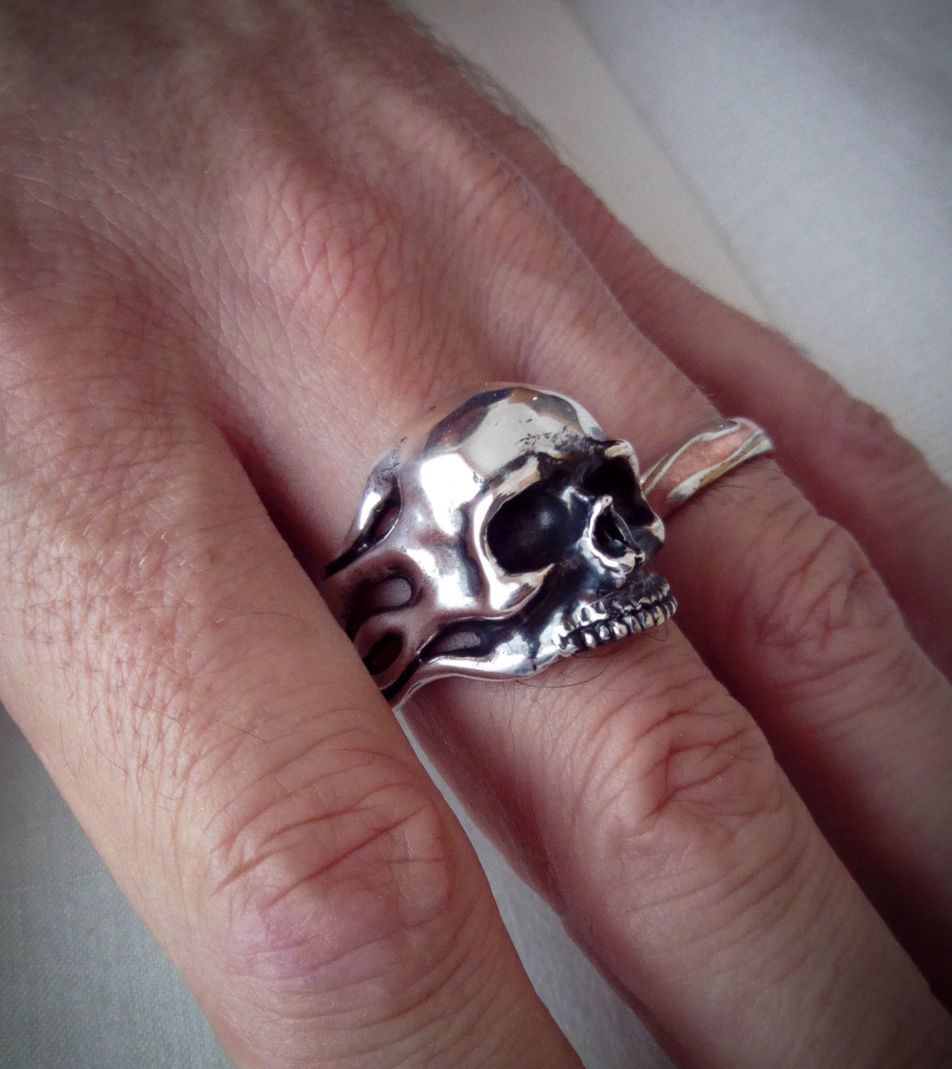 Half Jaw Skull and Flames Ring Biker Silver Ring Free | Etsy