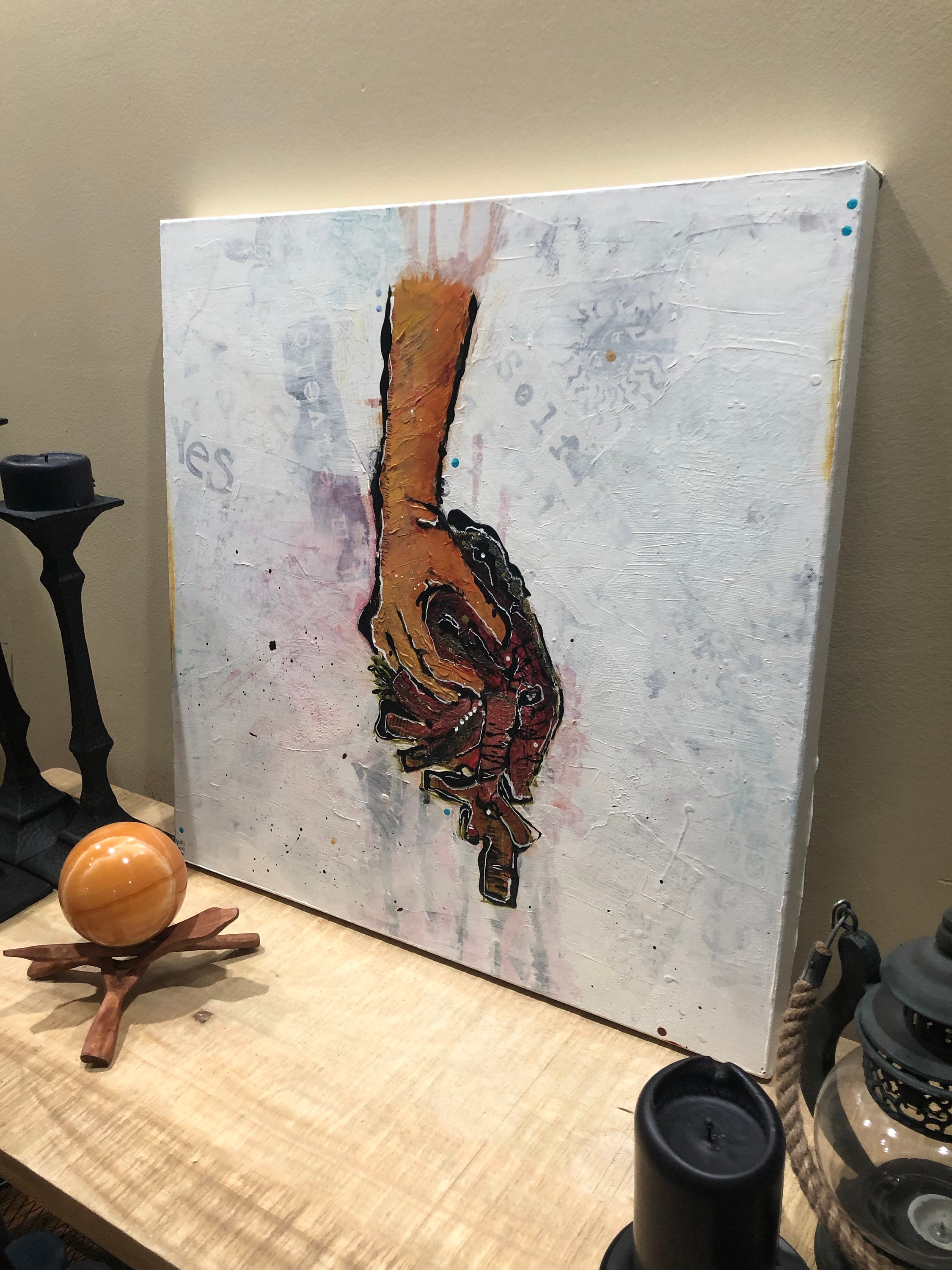 Heart in Hand, Original Mixed Media Painting on Canvas, Wall Art, Heart ...