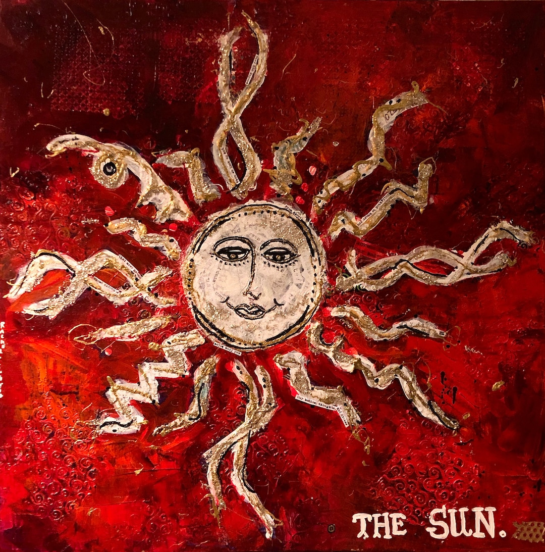 The Sun. Mixed Media Collage Painting on Canvas, Whimsical, Red Decor ...