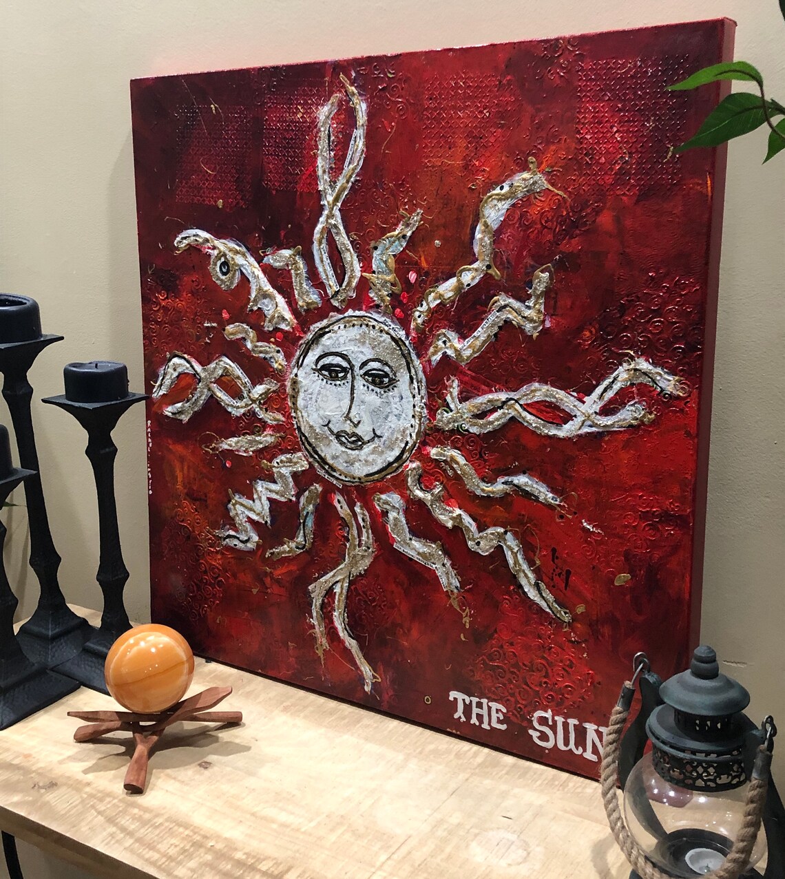 The Sun. Mixed Media Collage Painting on Canvas, Whimsical, Red Decor ...