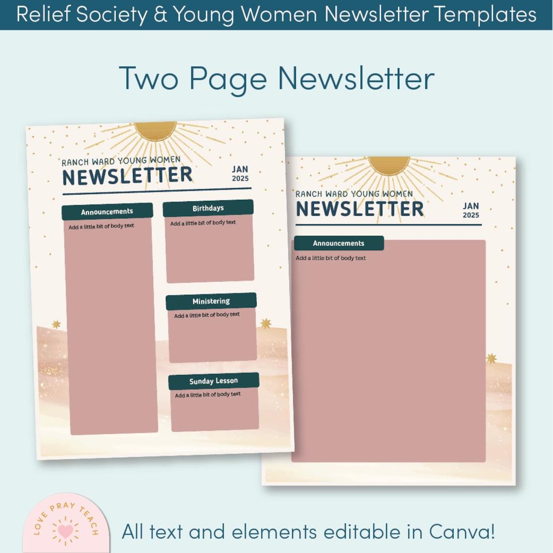 Sun Design - Editable Canva Newsletter Bundle for Relief Society and ...