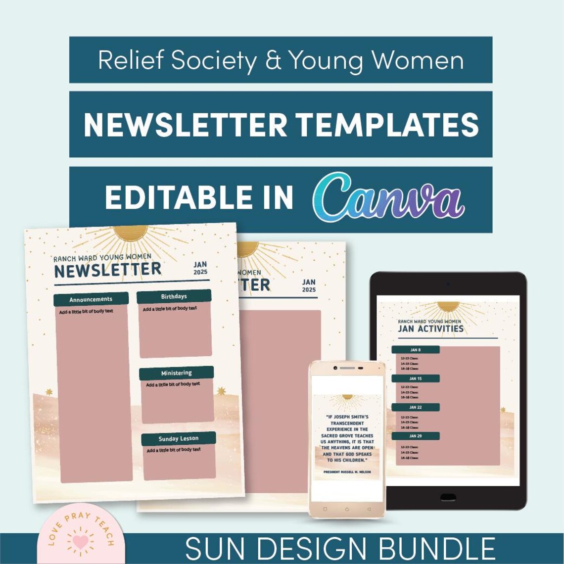 Sun Design - Editable Canva Newsletter Bundle for Relief Society and ...