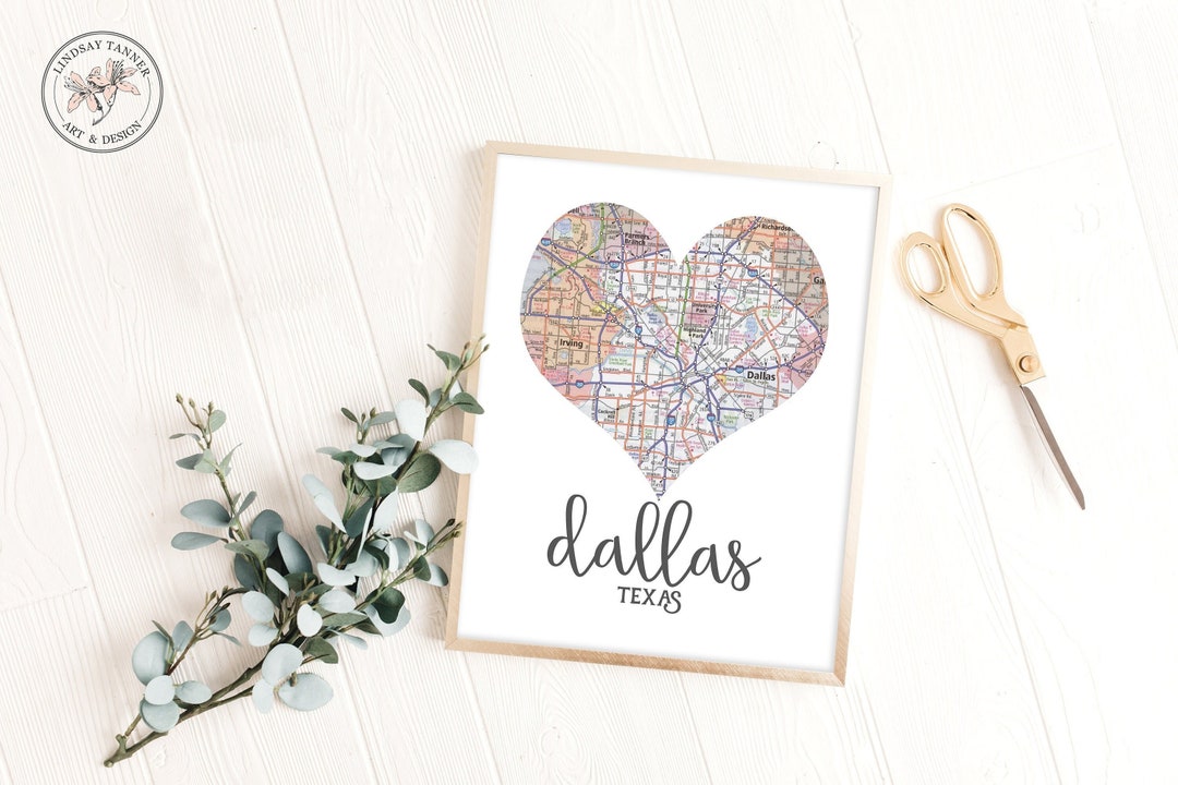 Heart Map Print, Printable Map Wall Art Decor, INSTANT DOWNLOAD Dallas ...