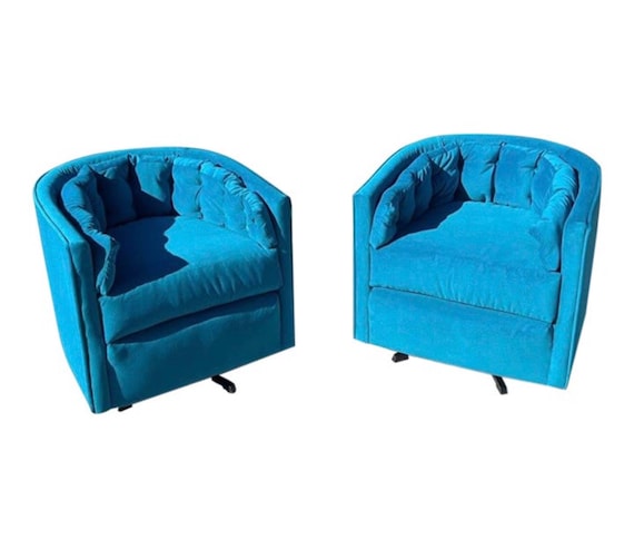 Mid Century Modern Pair Swivel Aqua Blue Barrel Chairs Velvet Mohair Vintage 1960s Restored Etsy Canada