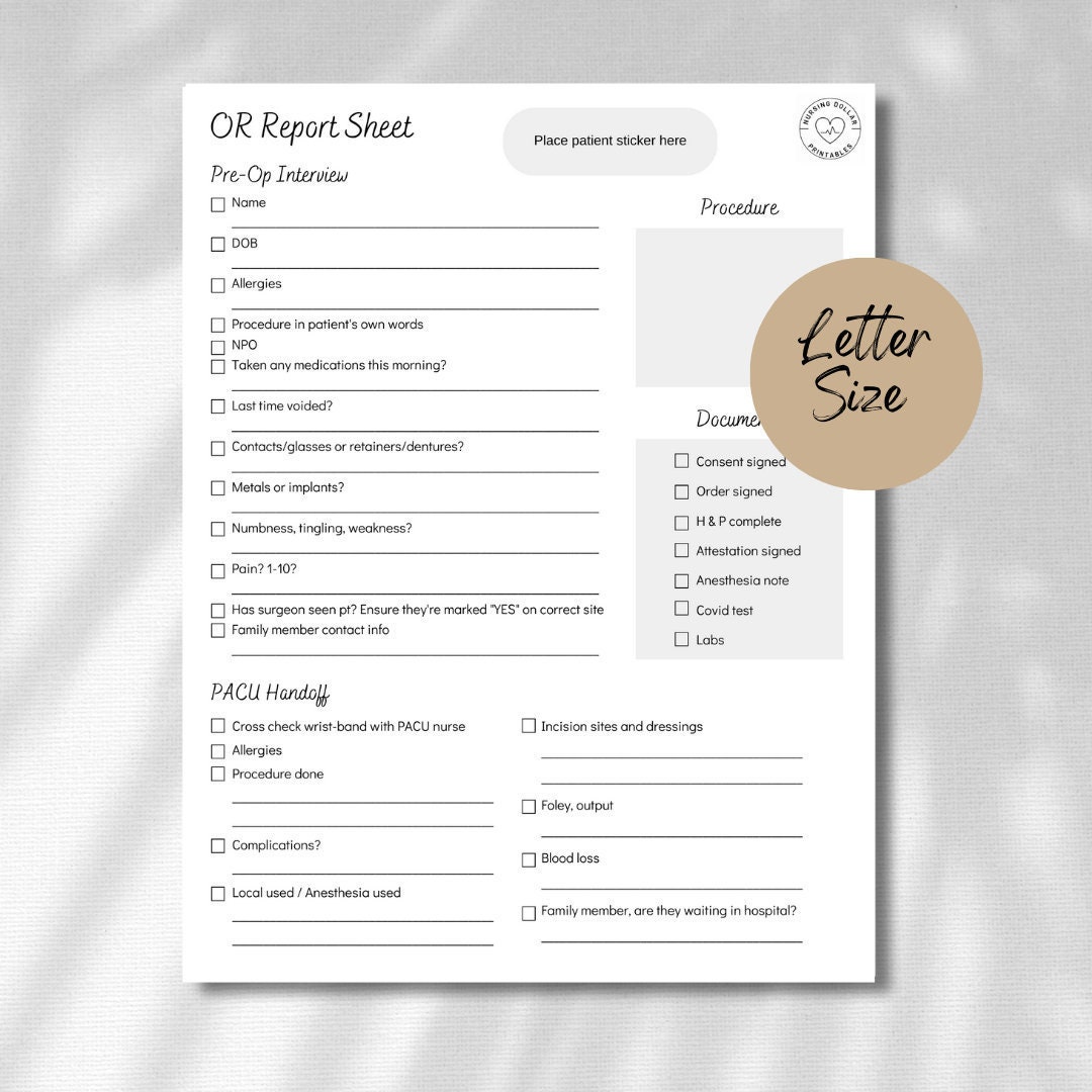 OR Report Sheet | Nursing Dollar Printables for an Operating Room Nurse ...