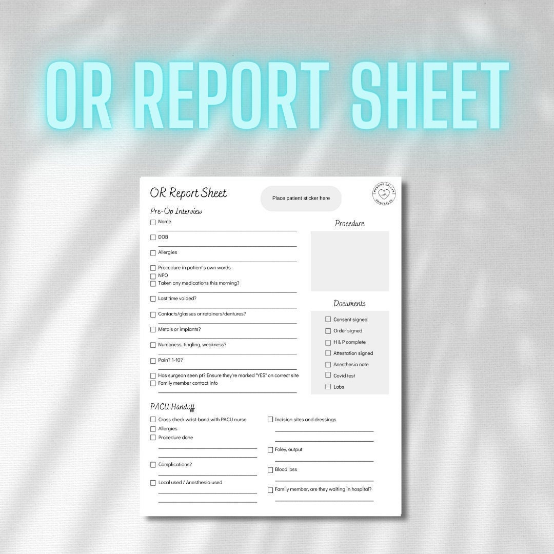 OR Report Sheet Nursing Dollar Printables for an Operating Room Nurse ...